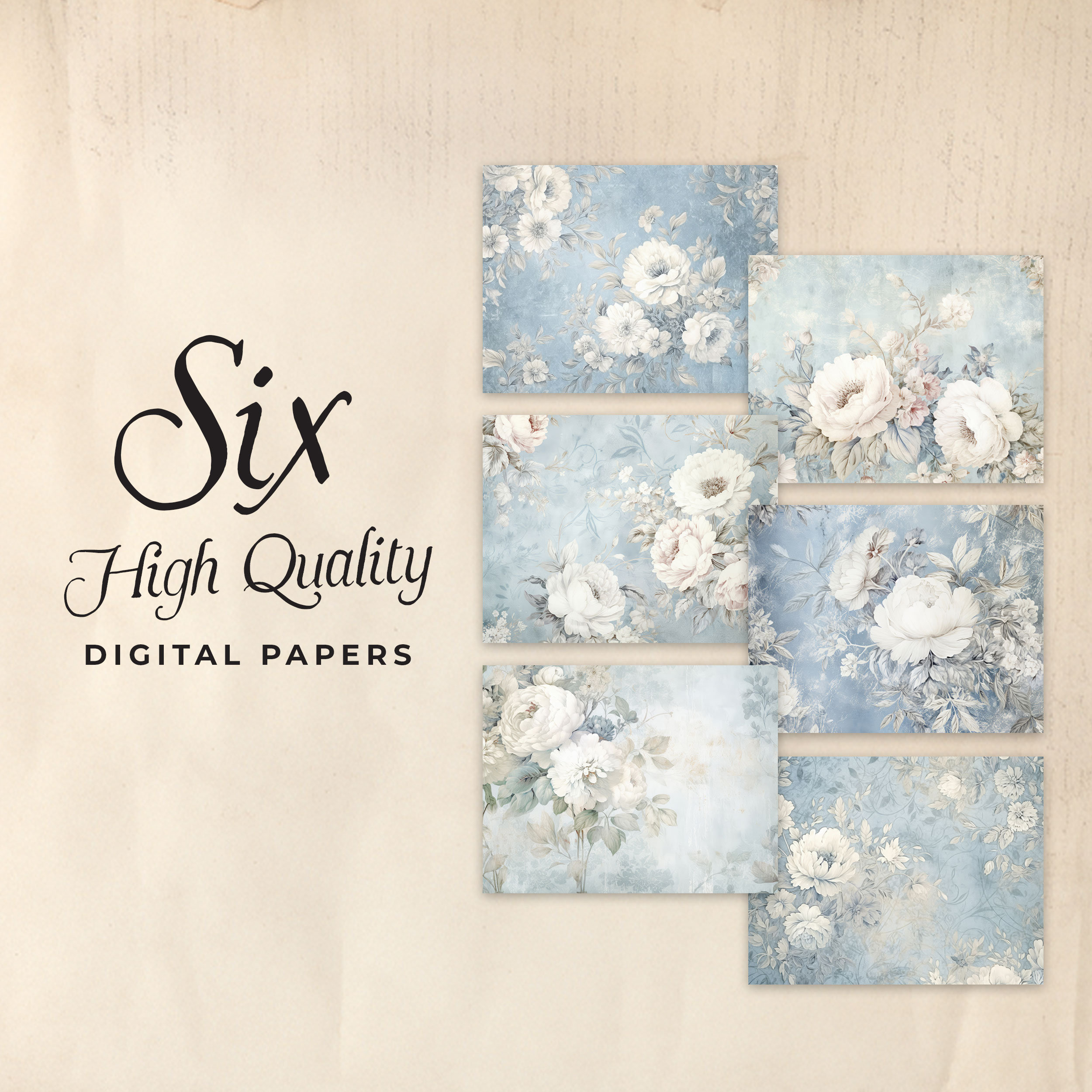 Dusty Blue Flower Junk Journal Digital Paper, 6 Digital Journal Pages ...