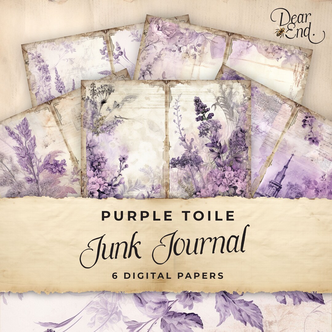 Purple Toile Junk Journal Digital Paper, Floral 6 Digital Journal Pages ...