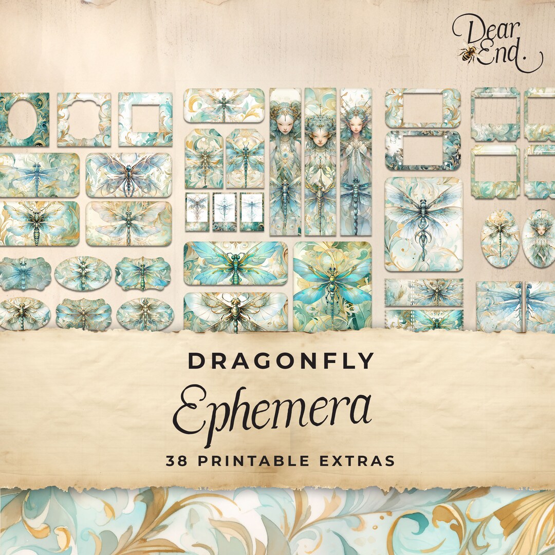 Dragonfly Junk Journal Ephemera Cards, 38 Extras Pack, Teal and Gold ...