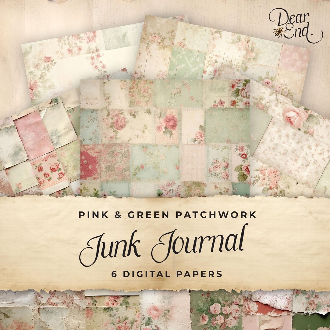 Pink & Green Patchwork Junk Journal Digital Paper, Floral 6 Digital ...
