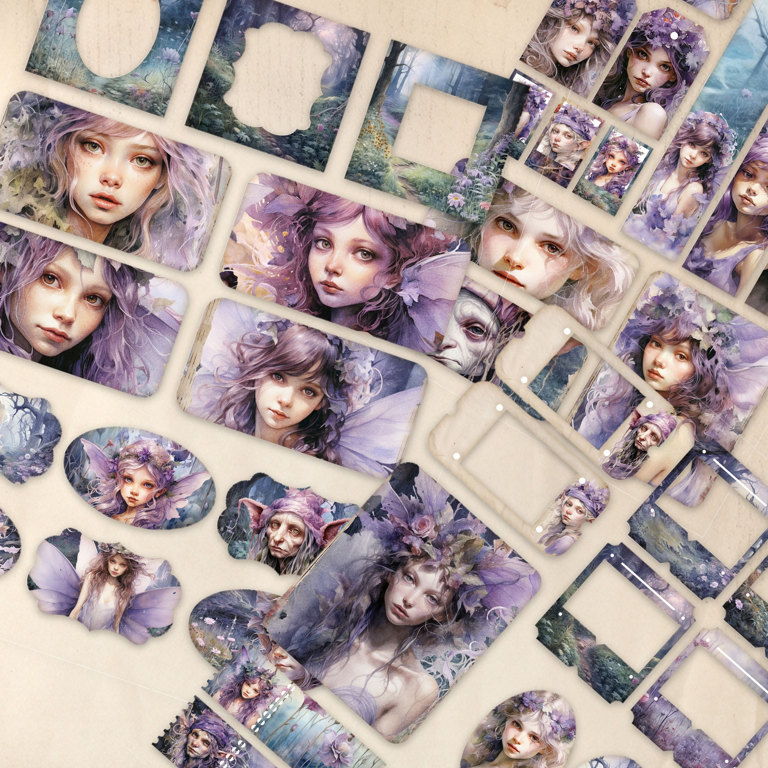 Purple Fairies Junk Journal Ephemera Cards, 38 Extras Pack, Floral ...