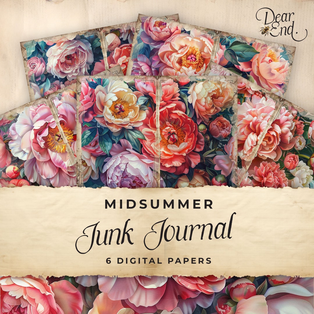 Midsummer Junk Journal Paper, Floral Peonies, 6 Digital Journal Pages ...