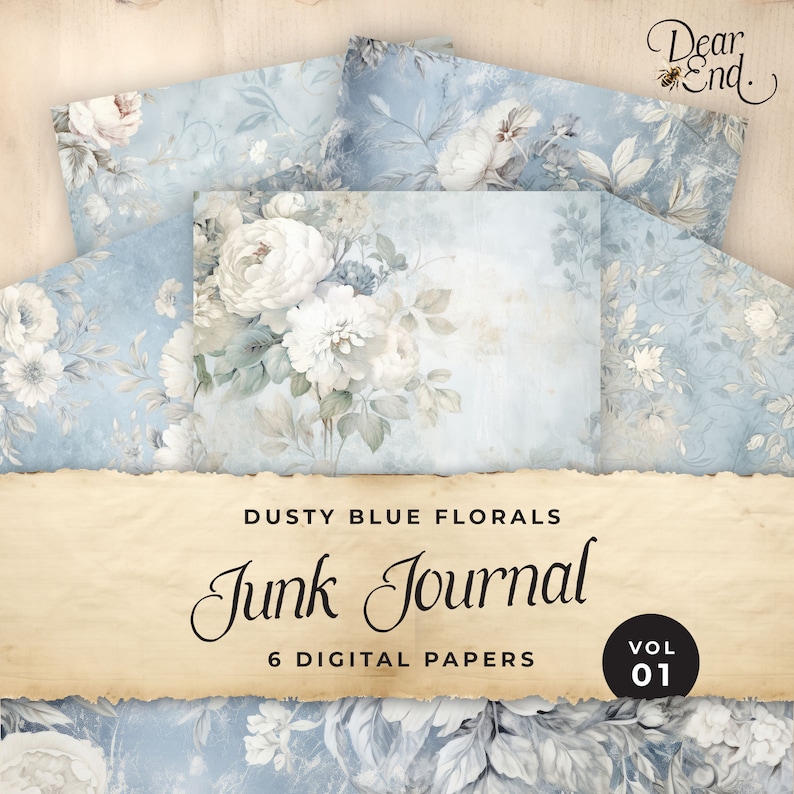 Dusty Blue Flower Junk Journal Digital Paper, 6 Digital Journal Pages ...