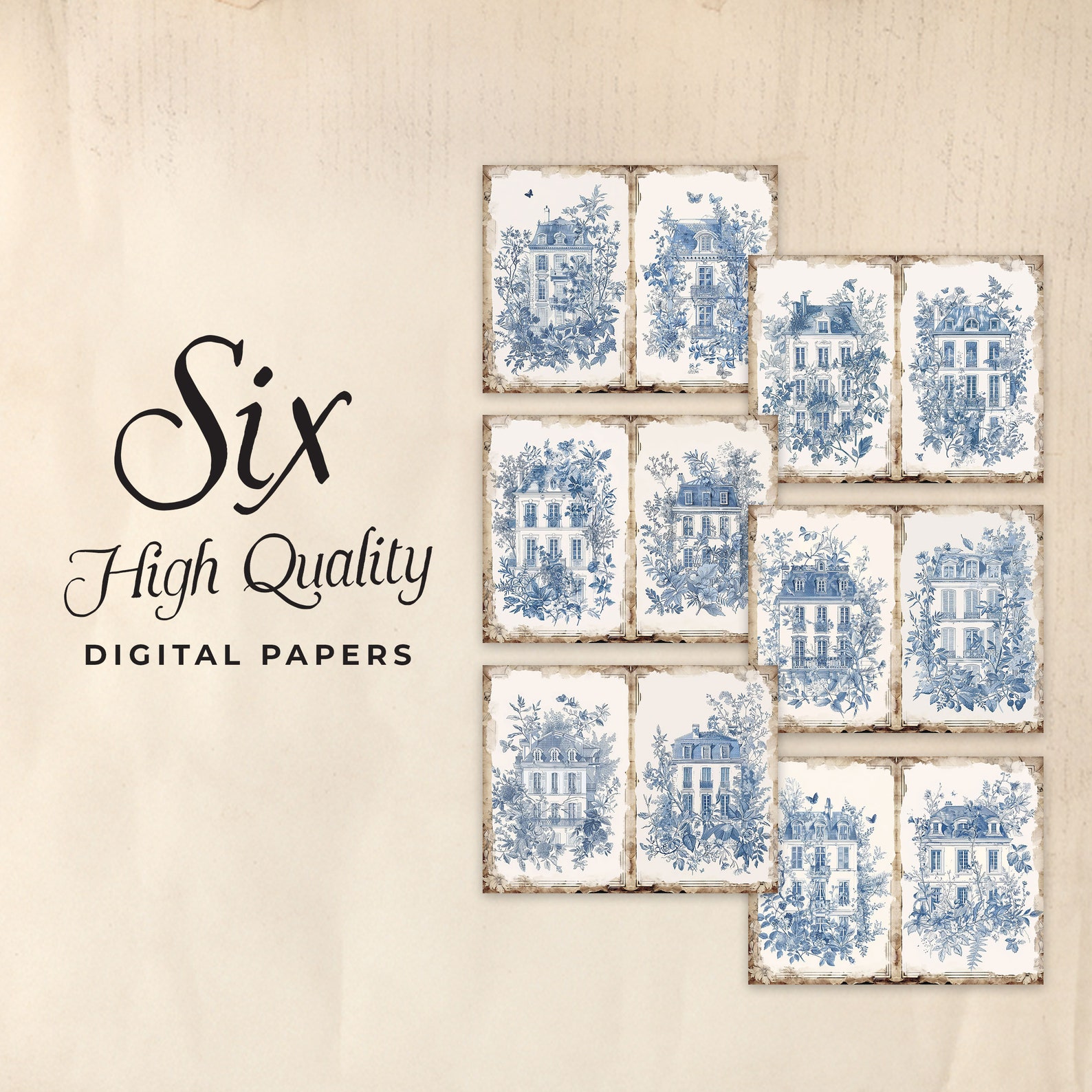 Blue Toile Junk Journal Digital Paper, Floral 6 Digital Journal Pages ...