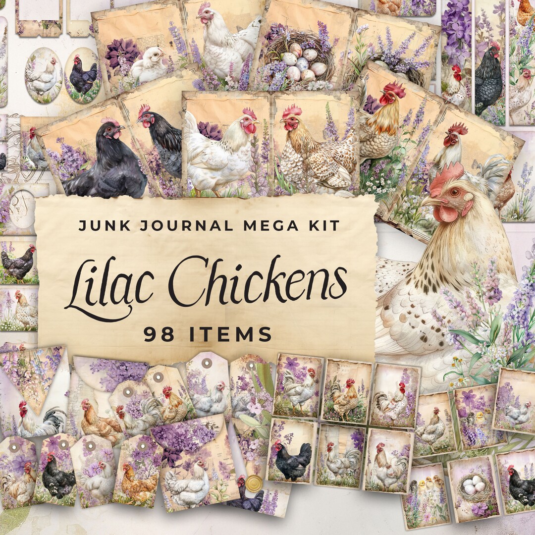 Junk Journal Kit lilac Chickens 98 Piece Floral Printable Papers, Tags ...