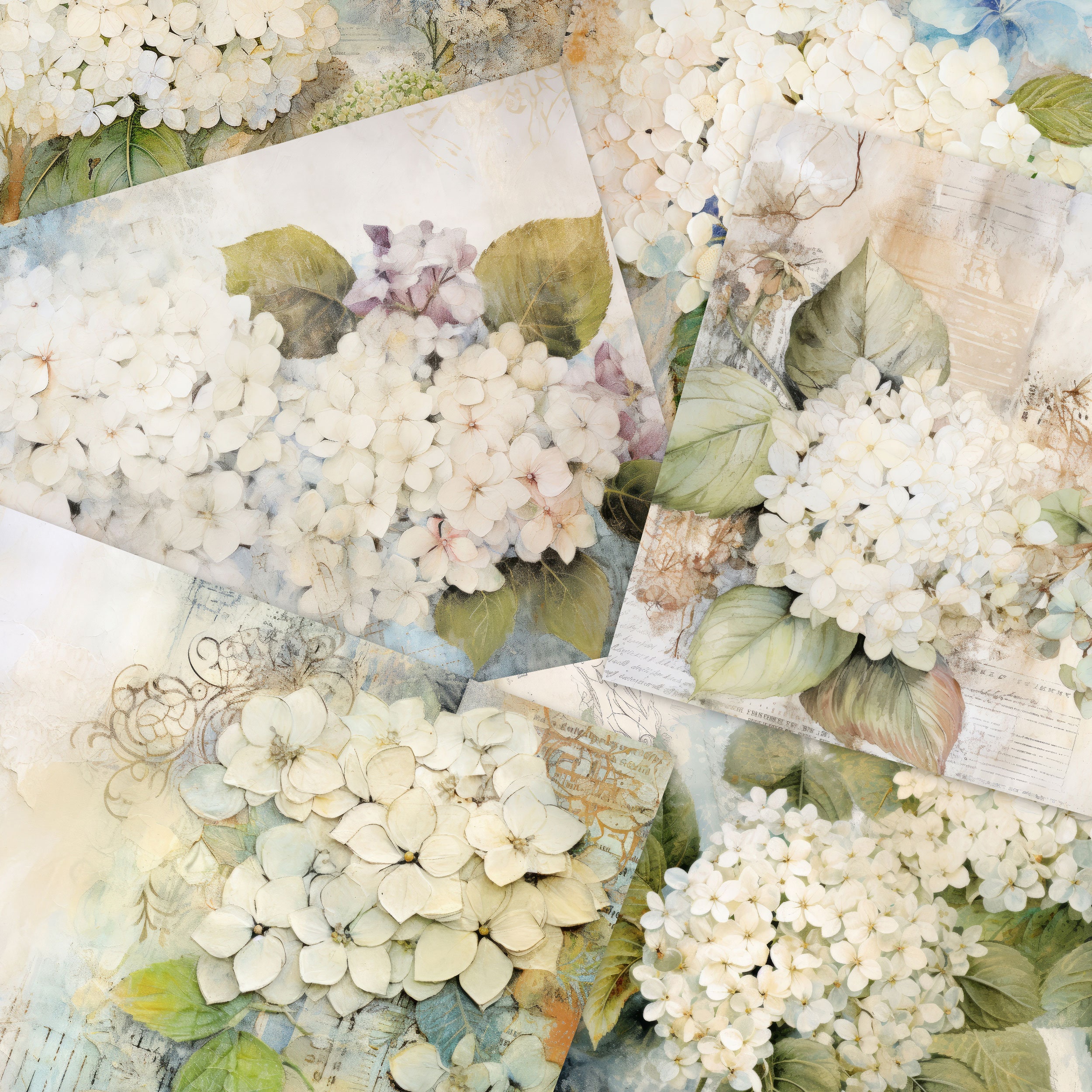 White Hydrangea Junk Journal Digital Paper, 6 Digital Journal Pages, Printable Ephemera Paper ...