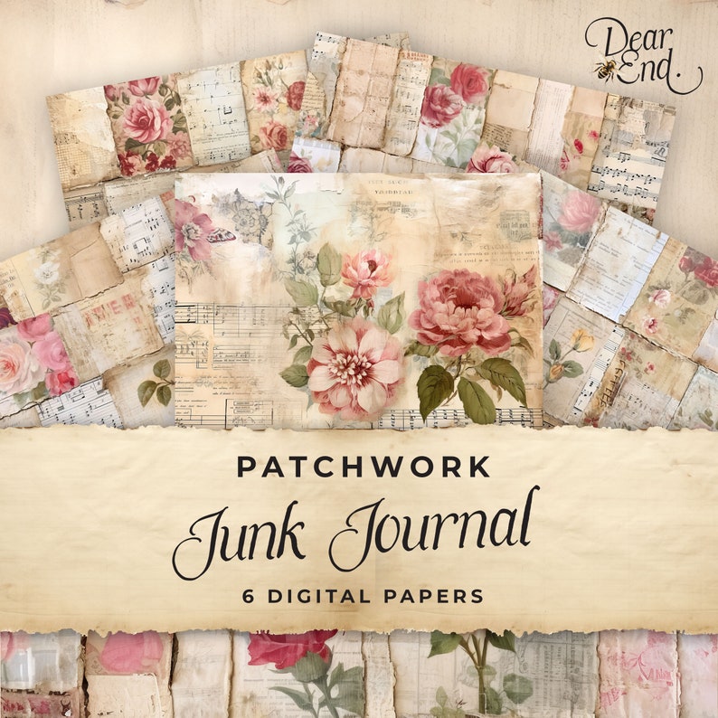 Patchwork Junk Journal Digital Paper, Floral 6 Digital Journal Pages ...