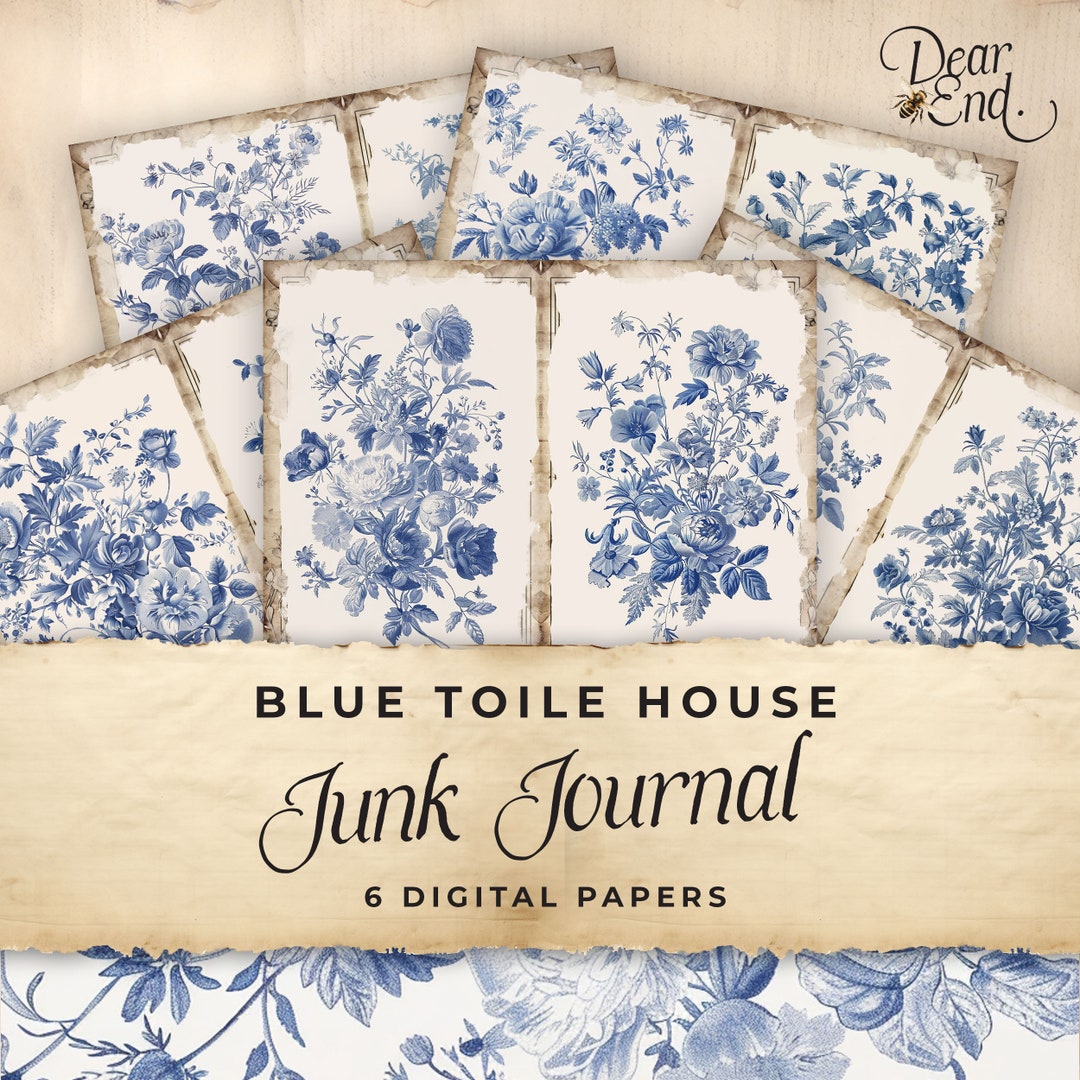 Blue Toile Junk Journal Digital Paper, Floral 6 Digital Journal Pages ...