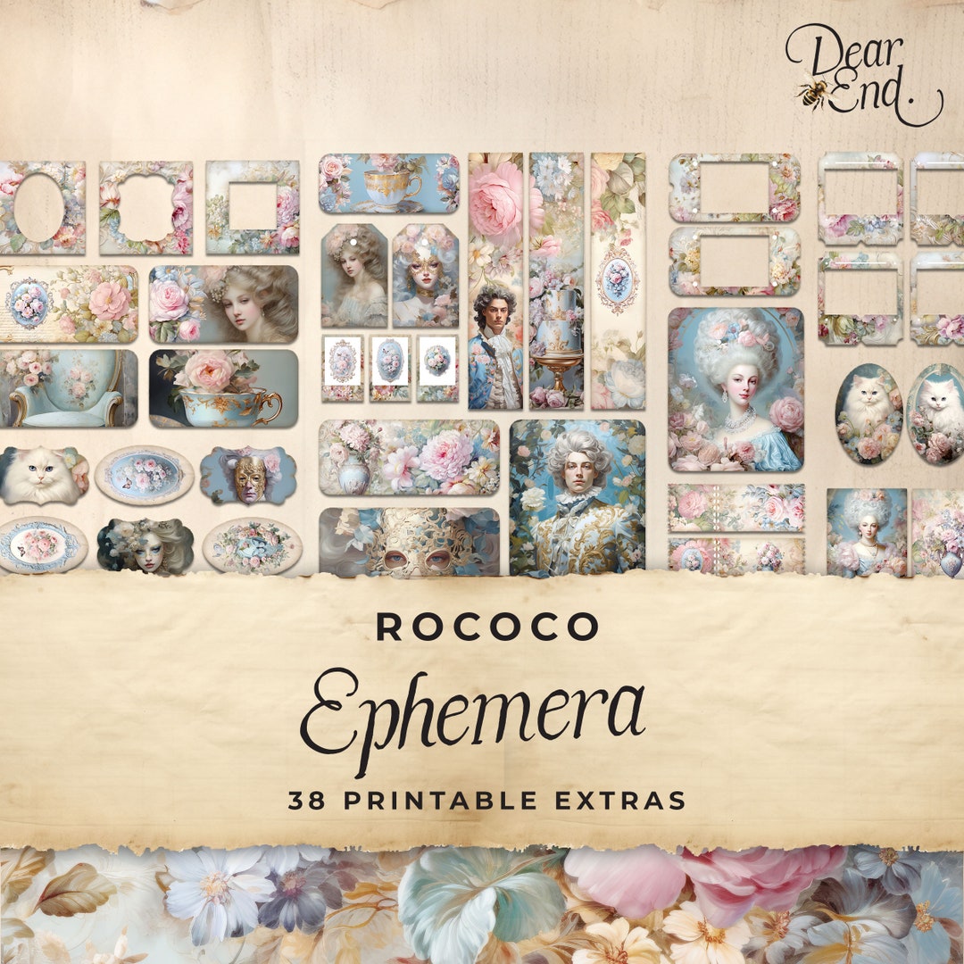 Rococo Junk Journal Ephemera Cards, 38 Mini Extras Pack, Blue & Pink ...