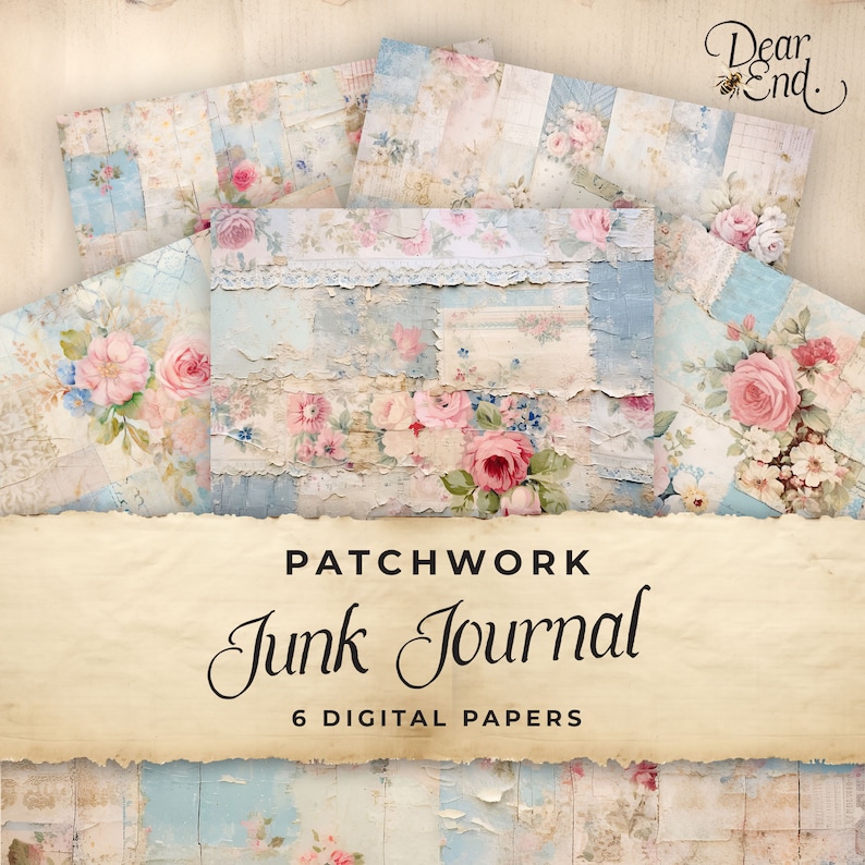 Patchwork Junk Journal Digital Paper, Blue Floral 6 Digital Journal ...
