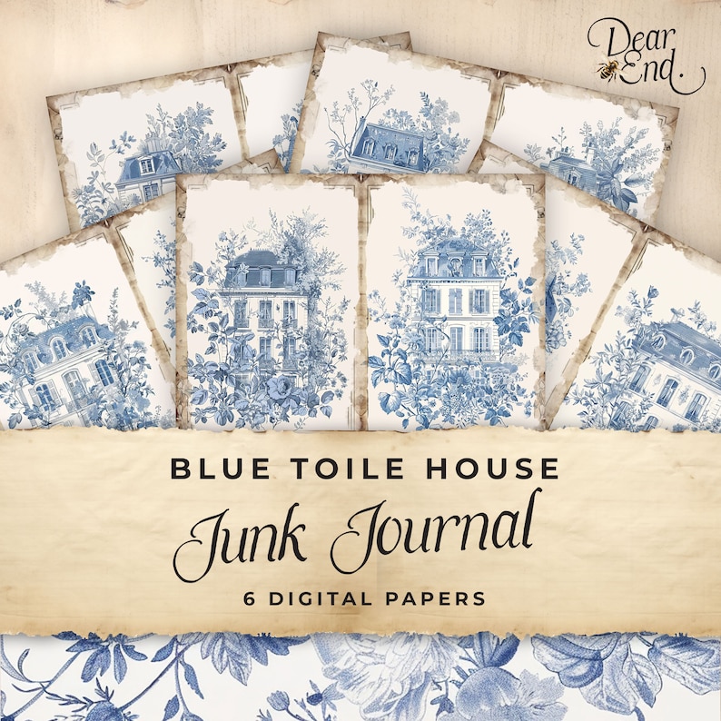 Blue Toile Junk Journal Digital Paper, Floral 6 Digital Journal Pages ...