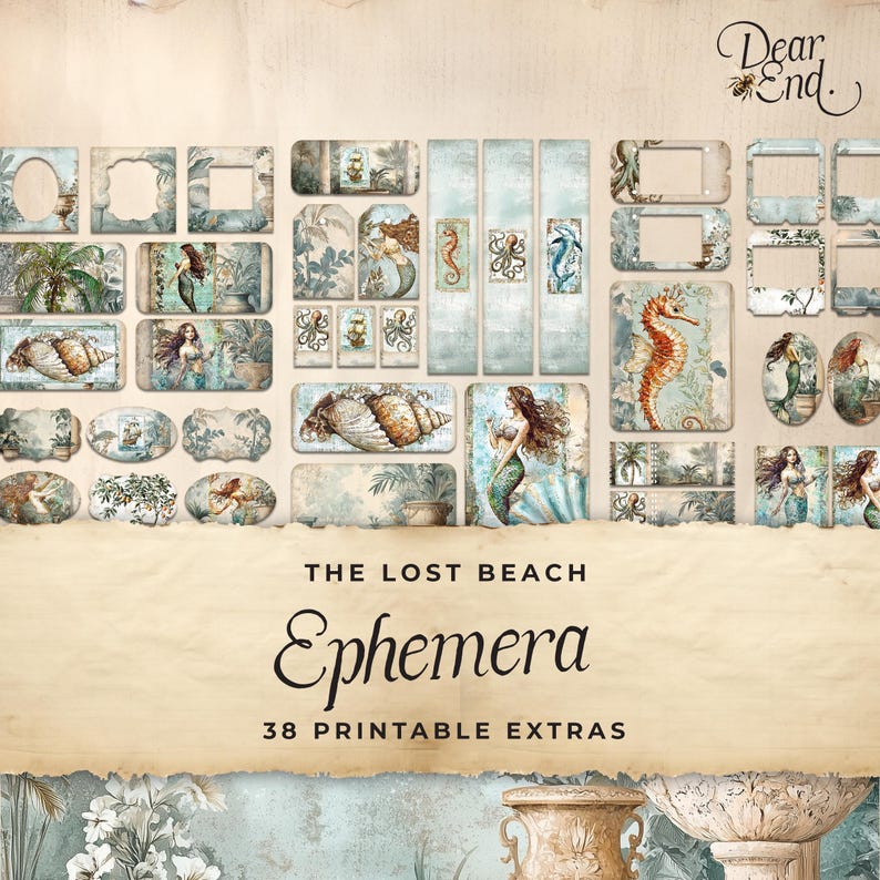 Beach Junk Journal Ephemera Cards, Seaside 38 Extras Pack, Mermaids ...