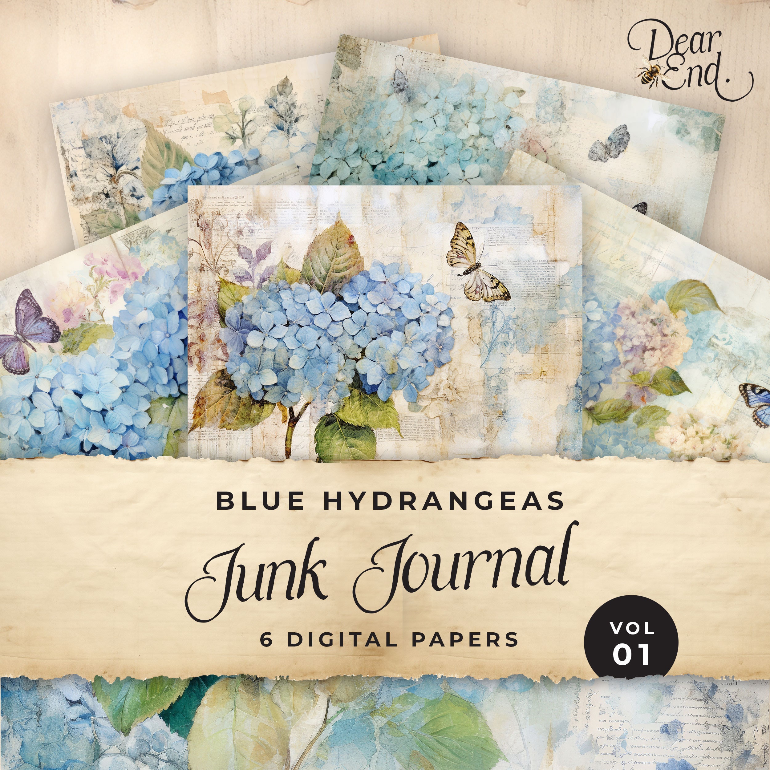Blue Hydrangea Junk Journal Digital Paper, 6 Digital Journal Pages, Printable Ephemera Paper ...