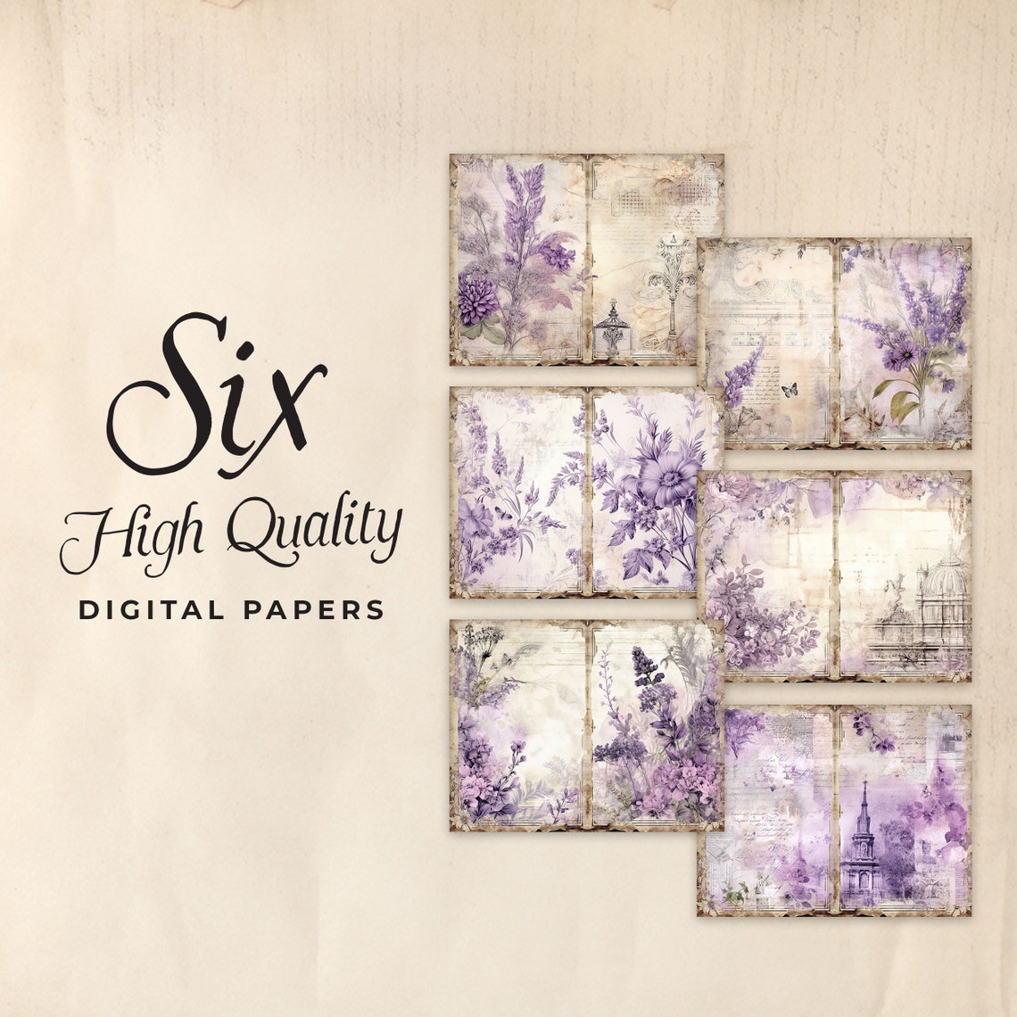 Purple Toile Junk Journal Digital Paper, Floral 6 Digital Journal Pages ...