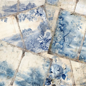 Blue Toile Junk Journal Digital Paper, Floral 6 Digital Journal Pages ...