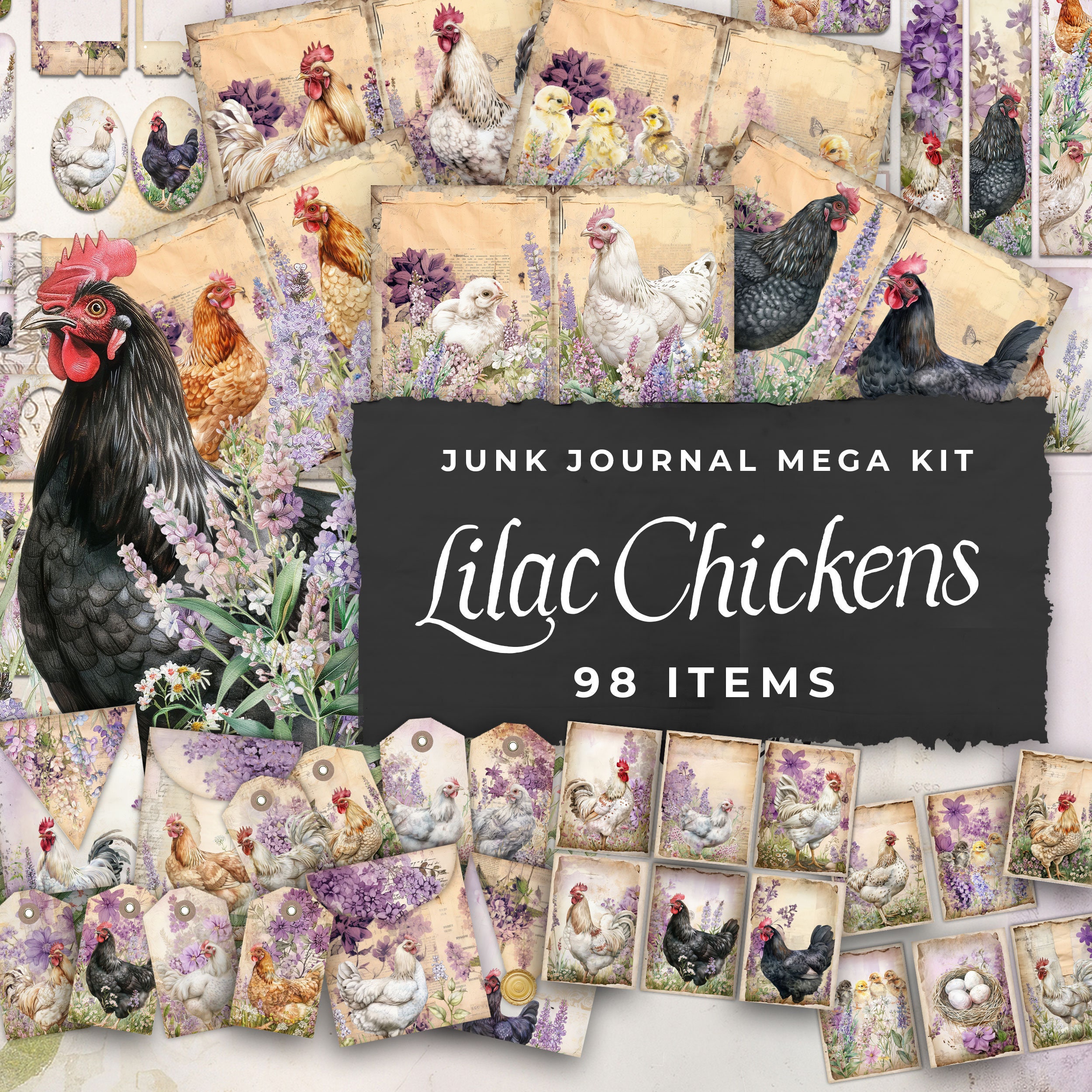 Junk Journal Kit lilac Chickens 98 Piece Floral Printable Papers, Tags ...