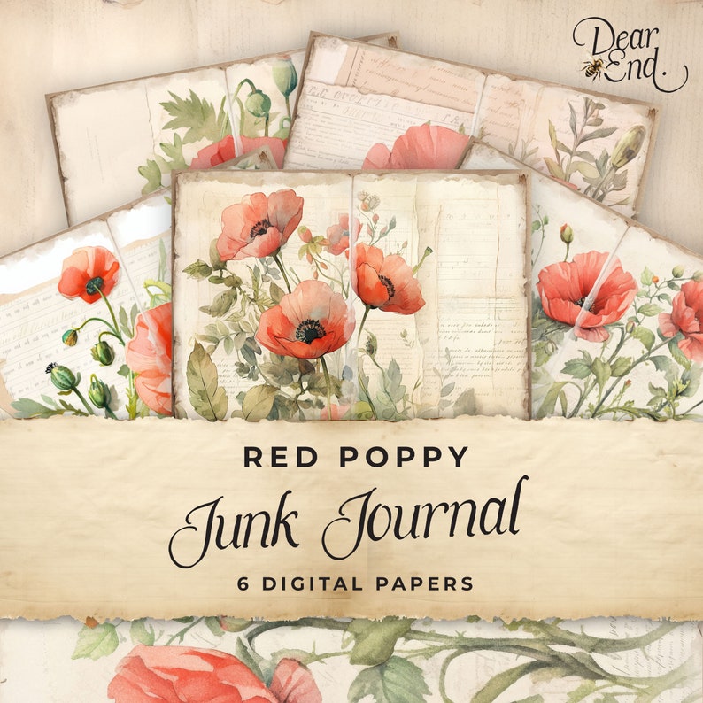 Red Poppy Junk Journal Digital Paper, Poppies 6 Digital Journal Pages ...