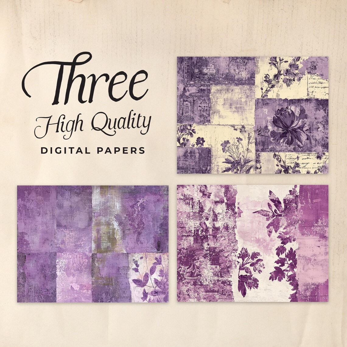 Purple Toile Junk Journal Digital Paper, 3 Digital Journal Pages ...