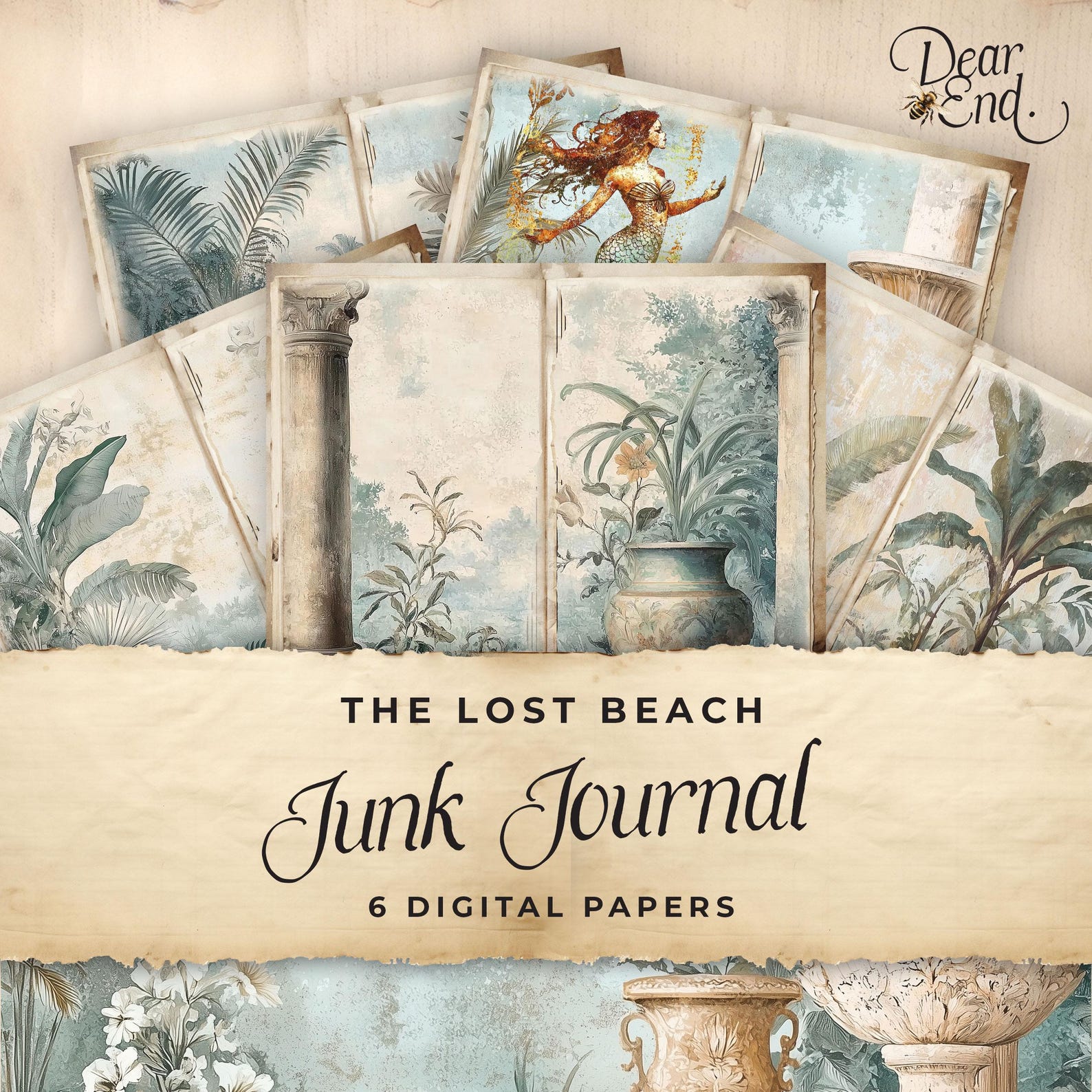 Beach Junk Journal Paper, Coastal Vintage Sea Side, Mermaid, Ships, 6 ...