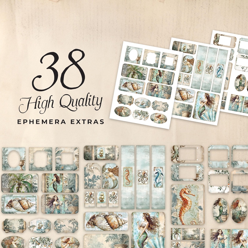 Beach Junk Journal Ephemera Cards, Seaside 38 Extras Pack, Mermaids ...
