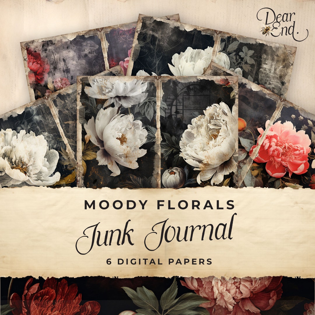 Moody Floral Junk Journal Digital Paper, 6 Digital Journal Pages, Dark ...