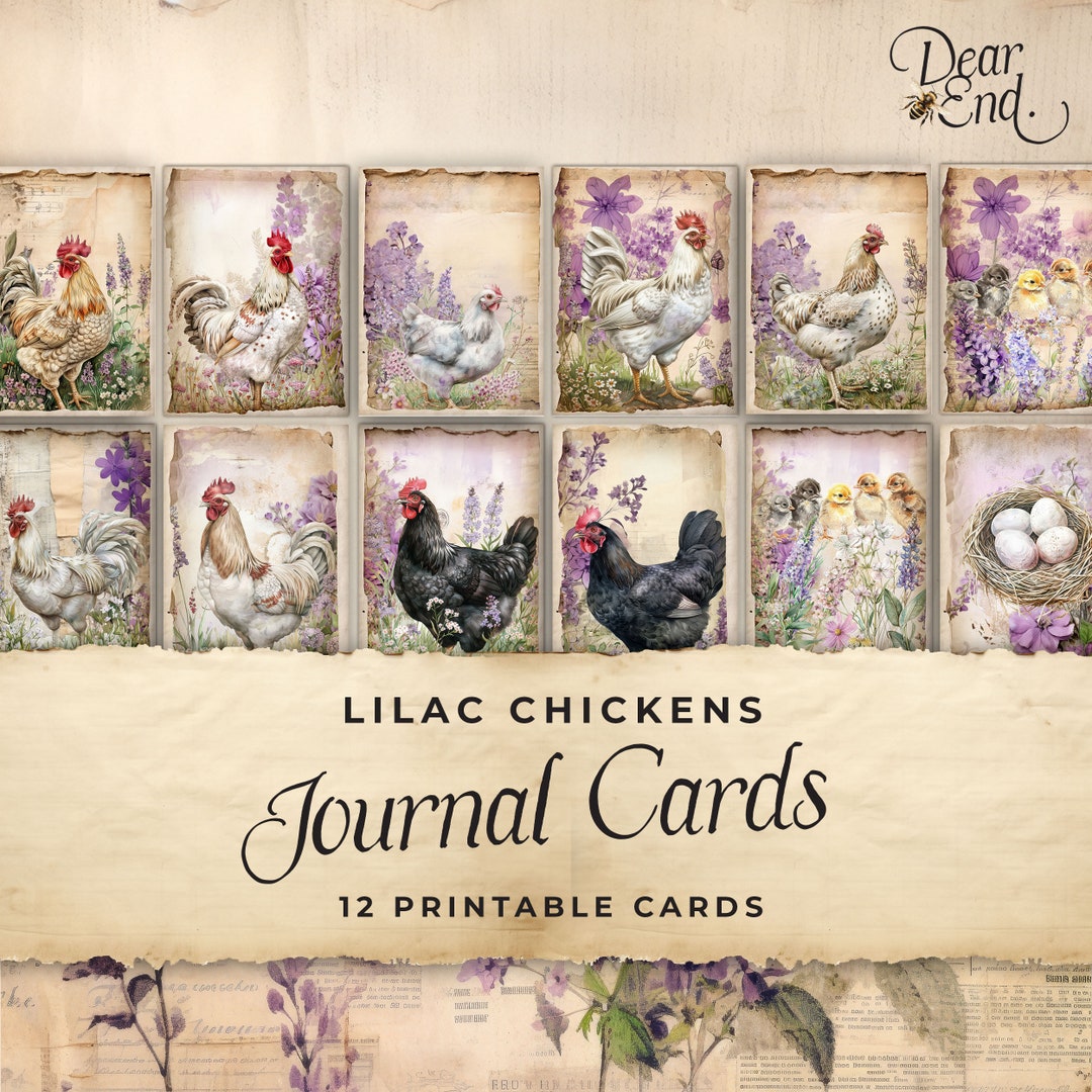 Lilac Chickens Junk Journal Ephemera Cards, 12 Cards, Farm Animals ...