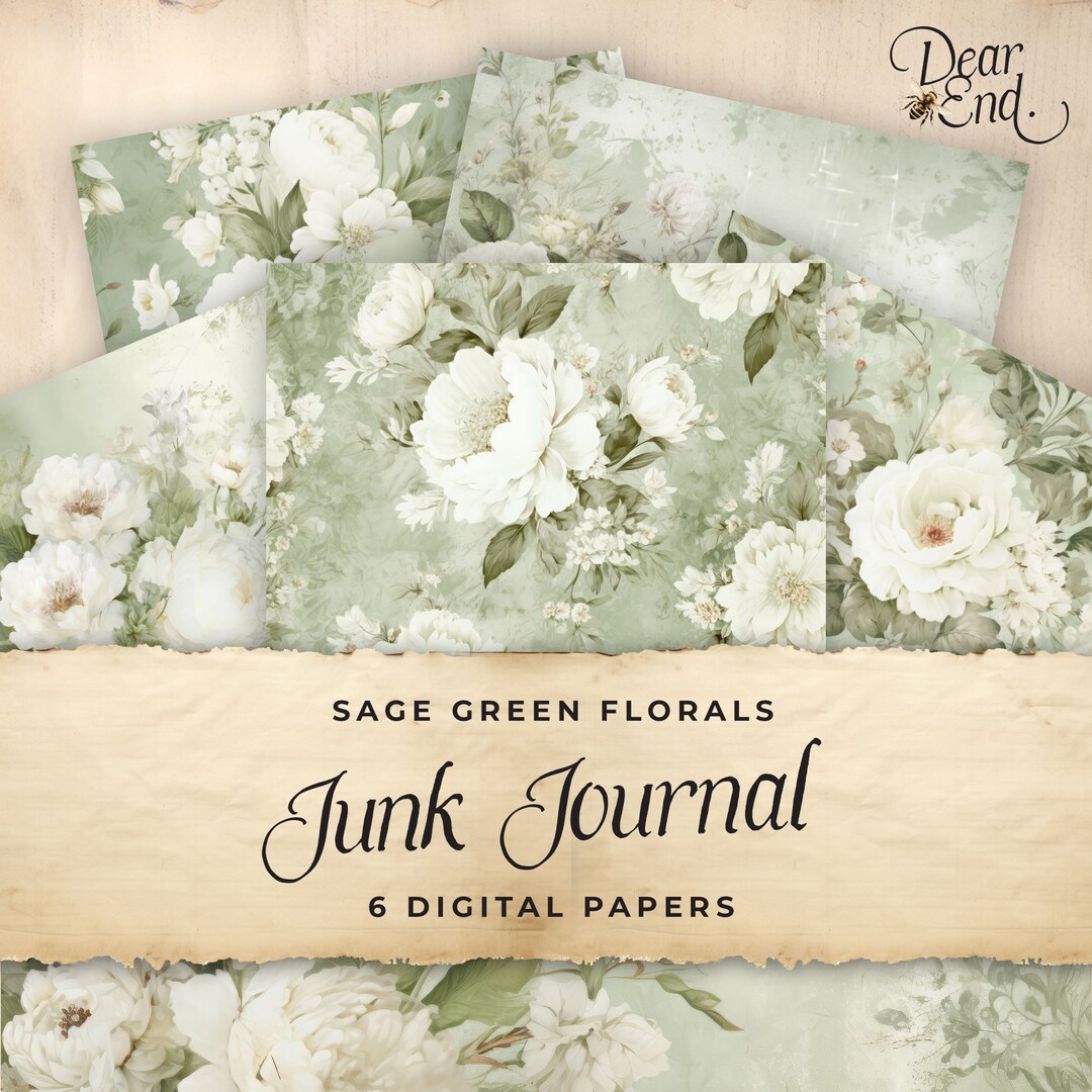 Sage Green Floral Junk Journal Digital Paper, 6 Digital Journal Pages ...