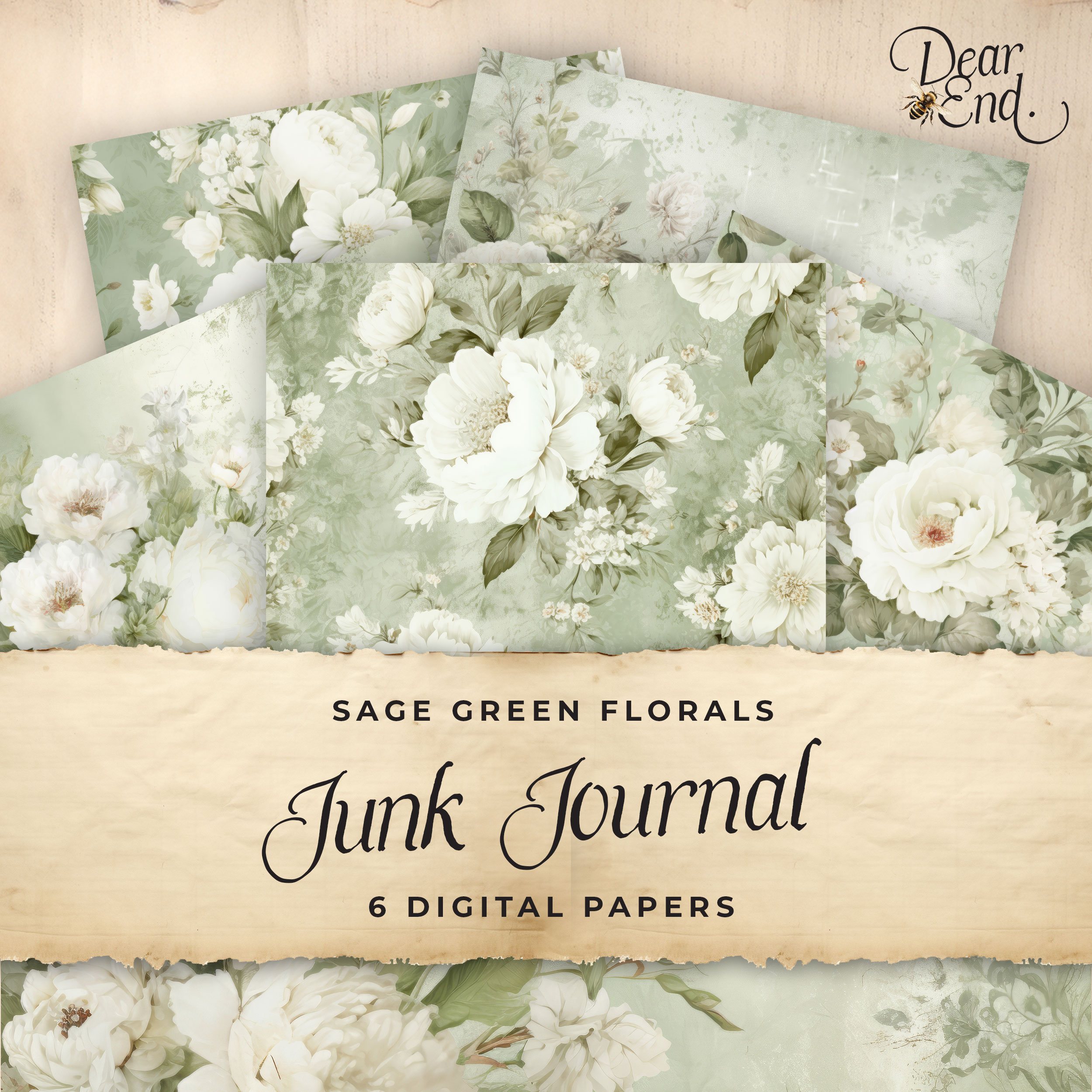 Sage Green Floral Junk Journal Digital Paper, 6 Digital Journal Pages ...