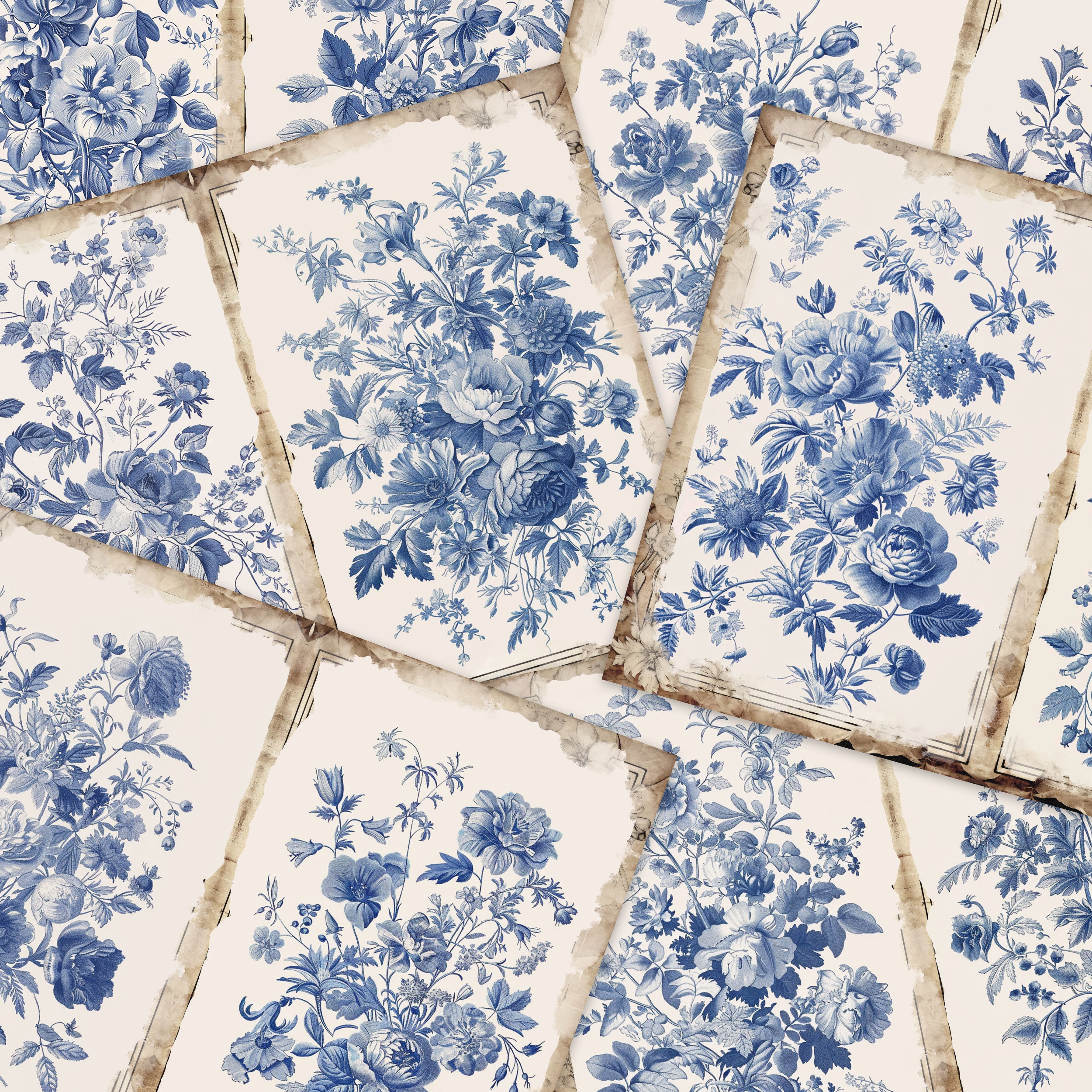 Blue Toile Junk Journal Digital Paper, Floral 6 Digital Journal Pages ...