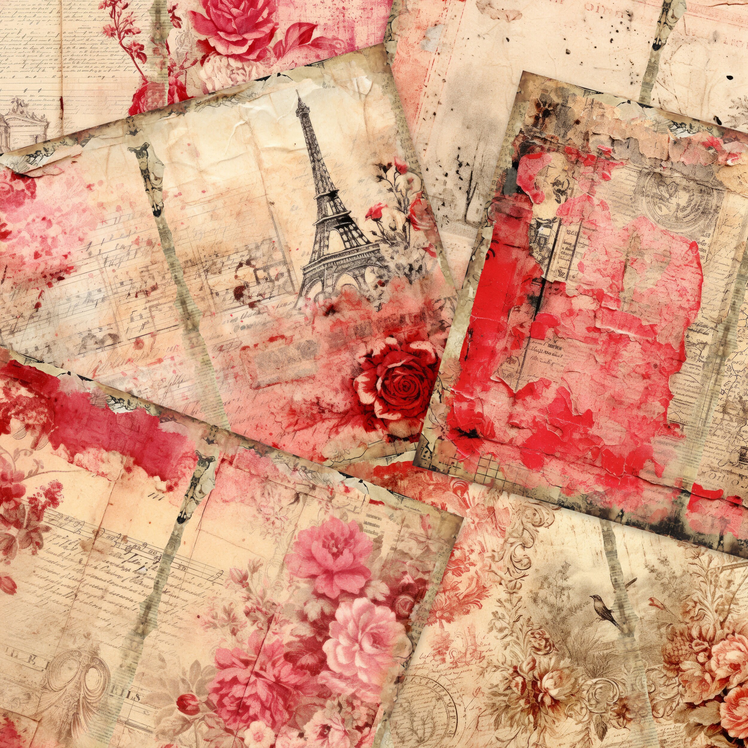 Red Toile Junk Journal Digital Paper, Shabby Chic 6 Digital Journal ...