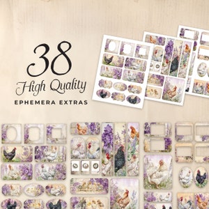 Lilac Chickens Junk Journal Ephemera Cards, 38 Extras Pack, Farm Animal ...