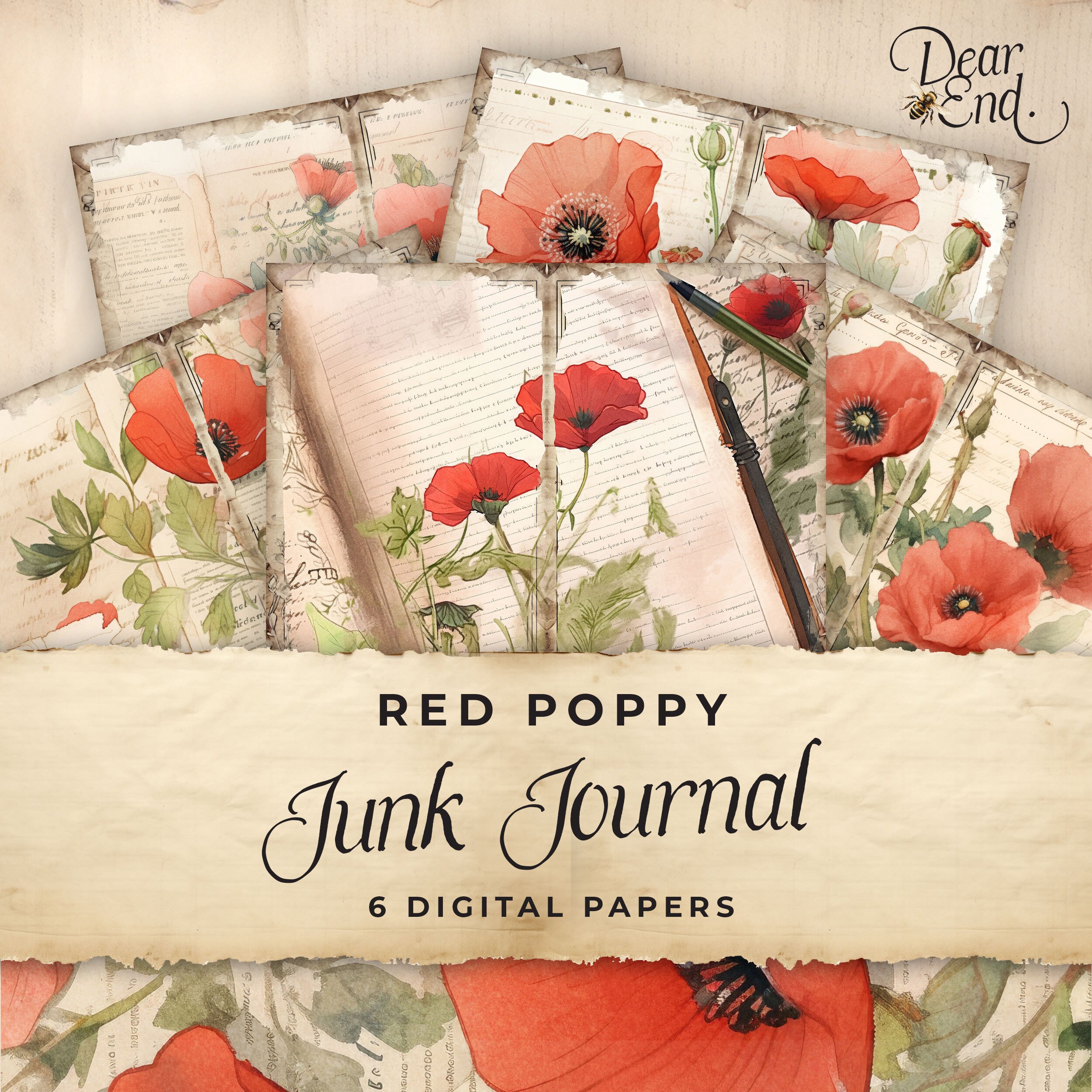 Red Poppy Junk Journal Digital Paper, Poppies 6 Digital Journal Pages ...