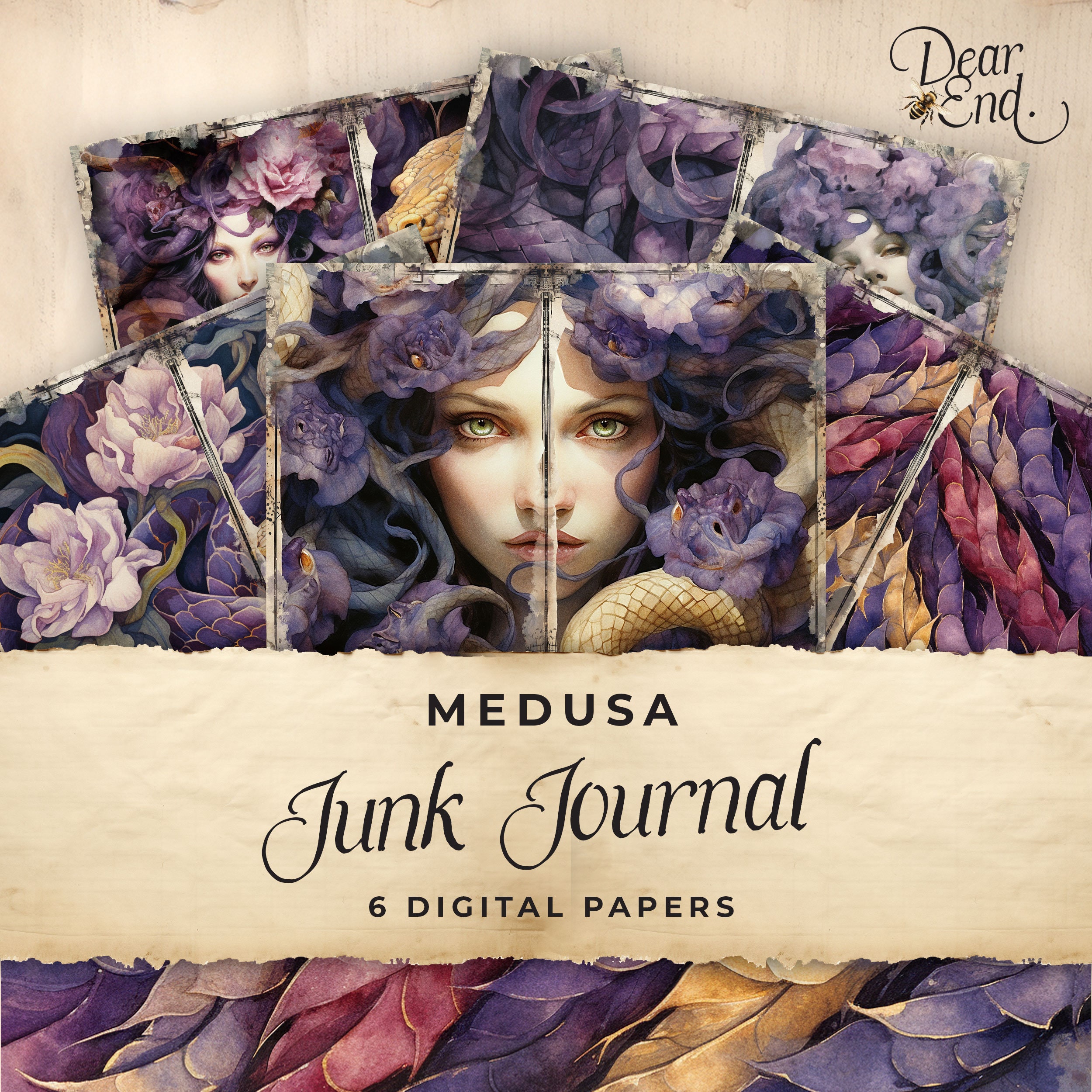 Medusa Junk Journal Digital Paper, Purple, 6 Digital Journal Pages ...