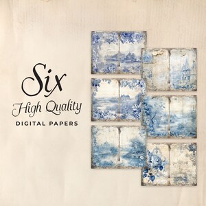 Blue Toile Junk Journal Digital Paper, Floral 6 Digital Journal Pages ...