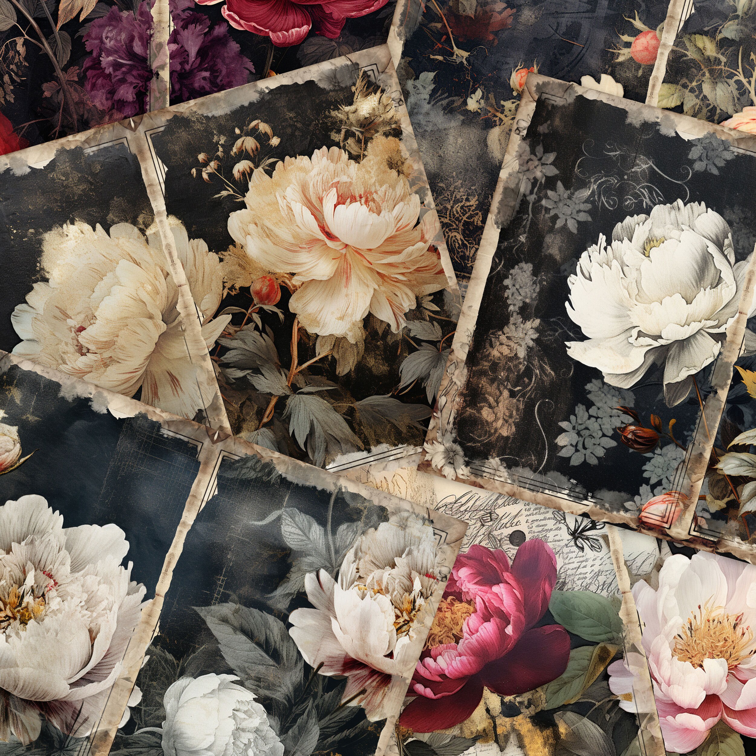 Moody Floral Junk Journal Digital Paper, 6 Digital Journal Pages, Dark ...