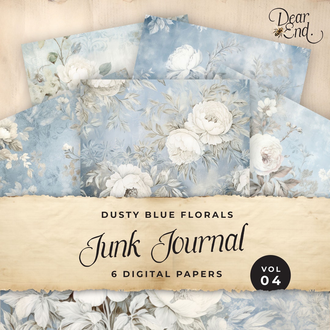Dusty Blue Flower Junk Journal Digital Paper, 6 Digital Journal Pages ...