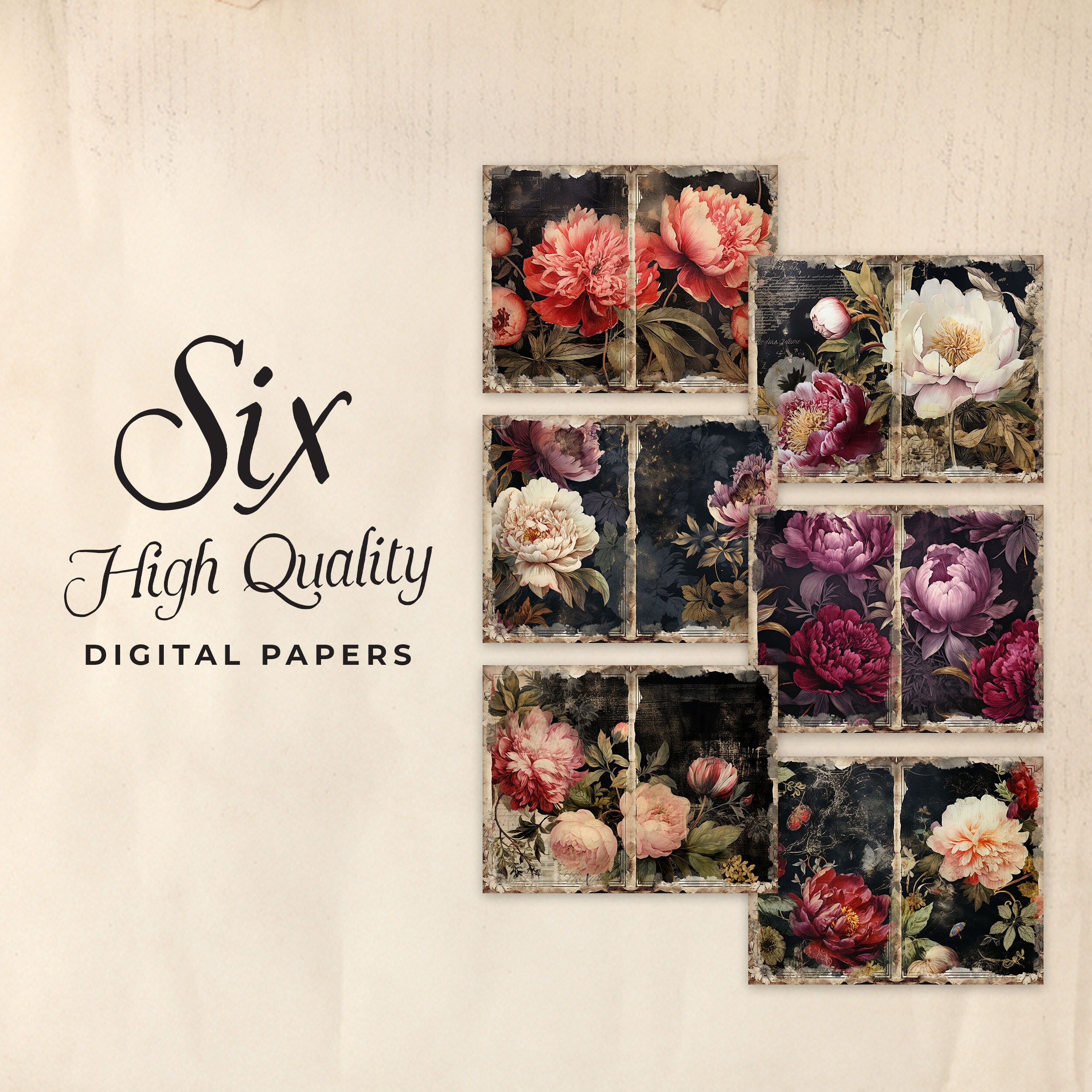 Moody Floral Junk Journal Digital Paper, 6 Digital Journal Pages, Dark ...