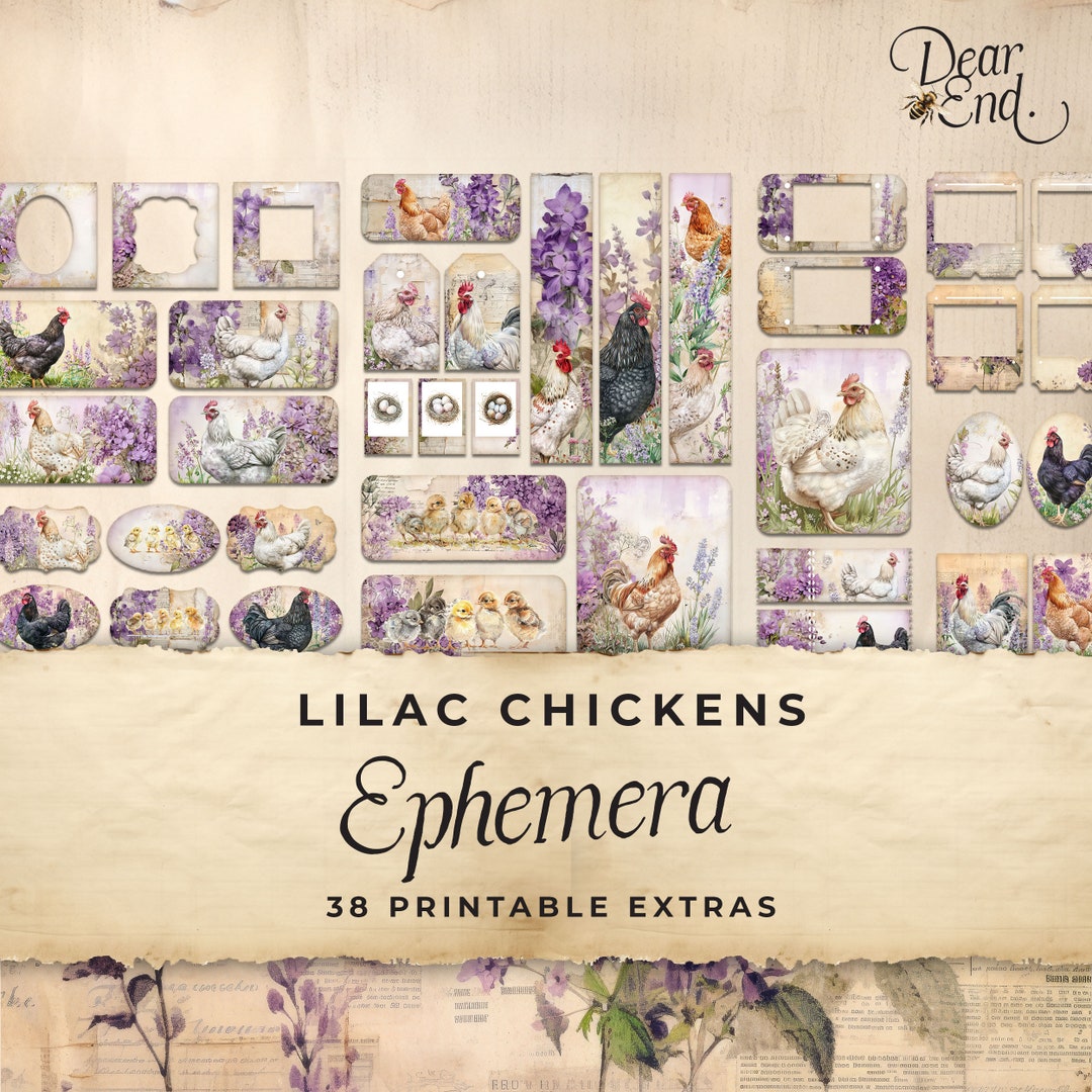Lilac Chickens Junk Journal Ephemera Cards, 38 Extras Pack, Farm Animal ...