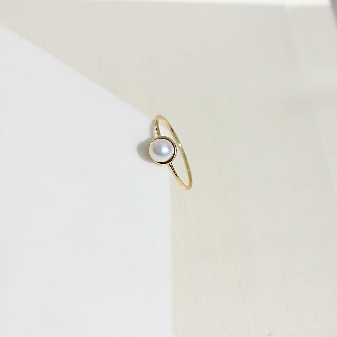 Bezel Set Freshwater Pearl Skinny Midi Ring 14K Gold Plated Sterling ...