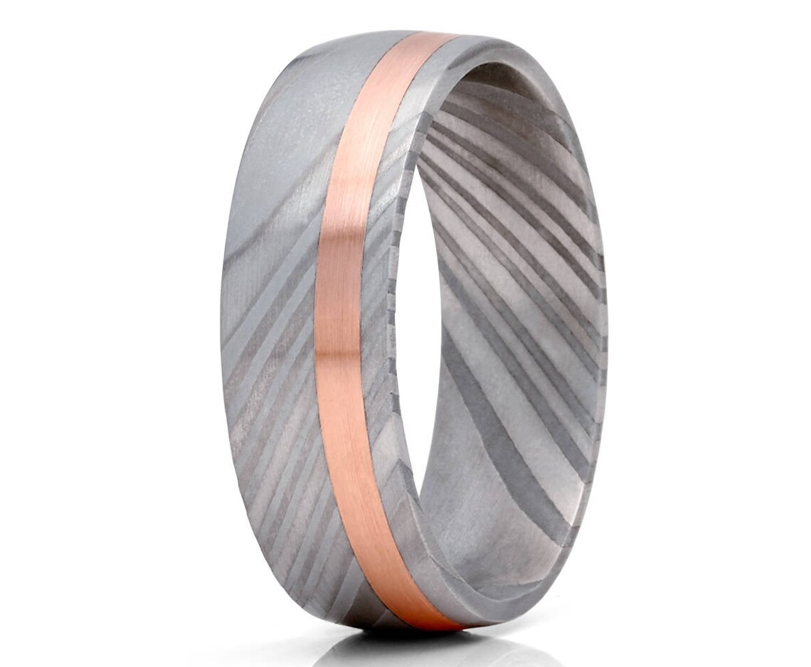 Damascus Steel Wedding Band Rose Gold Wedding Ring Damascus - Etsy