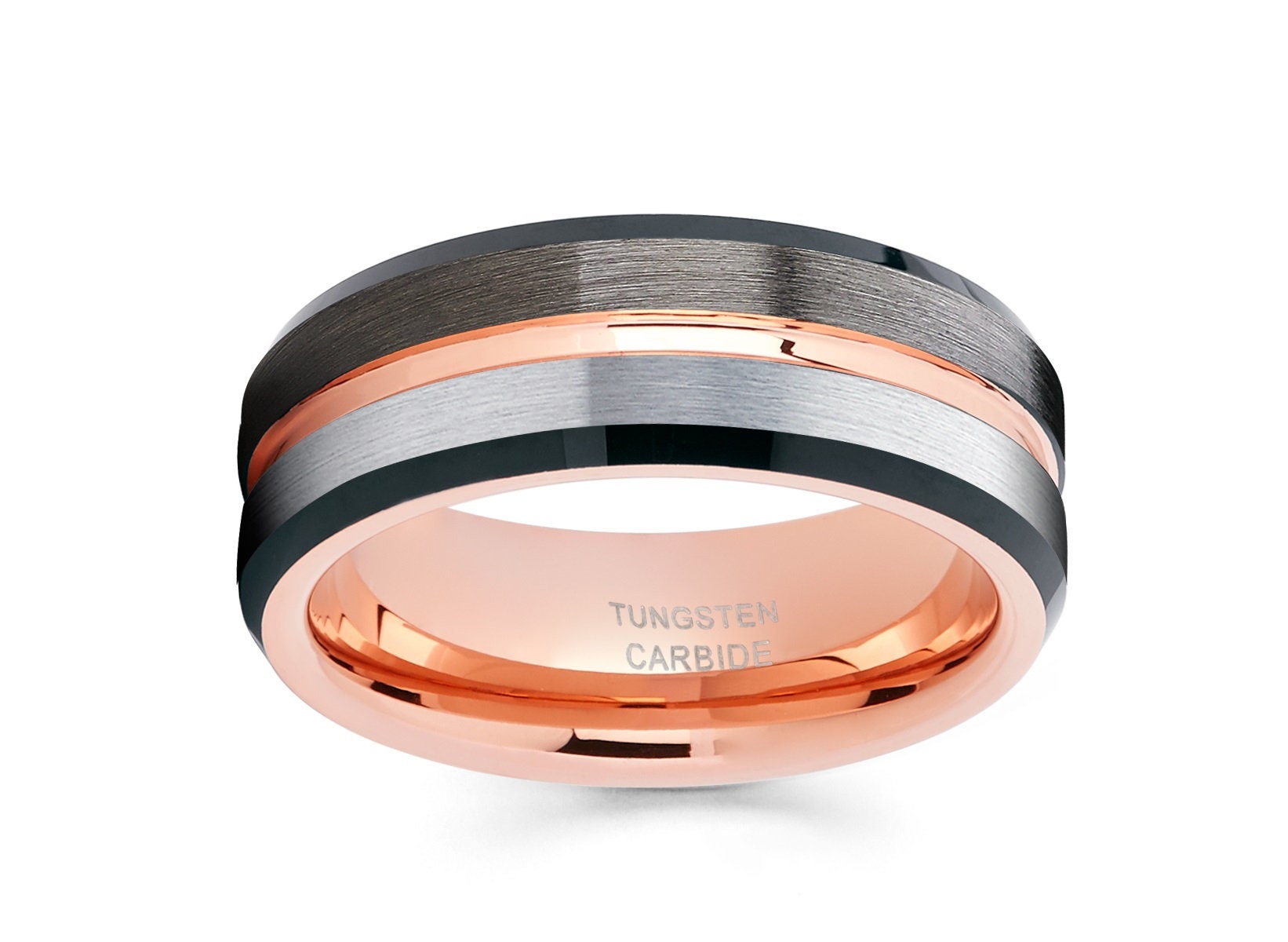 Gunmetal Tungsten Wedding Ring 18k Rose Gold 8mm Black | Etsy