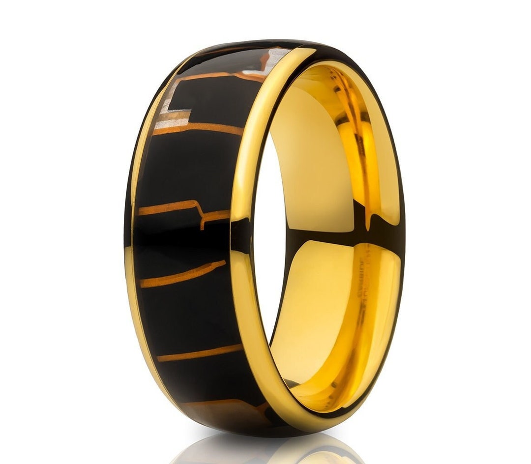 Capiz Wedding Ring, Yellow Gold Tungsten Carbide Band, Unique ...