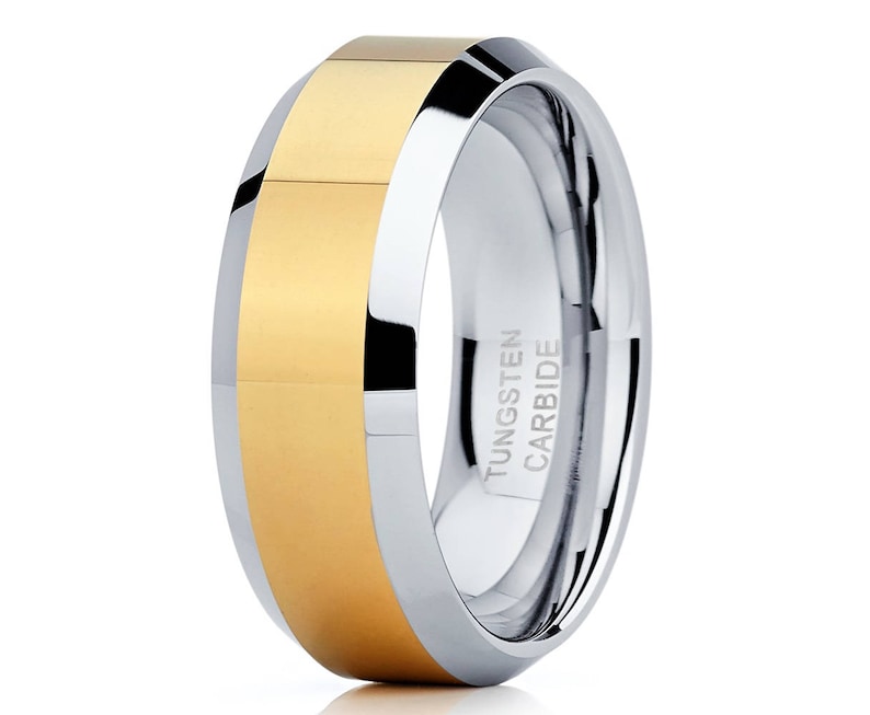 Shiny Yellow Gold Tungsten Ring,silver Beveled Edges,tungsten Carbide ...