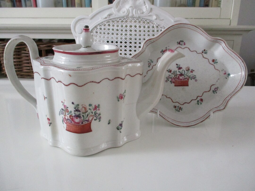 Antique English Teapot W/stand/plate, 19th Century, Porcelain, Naive ...