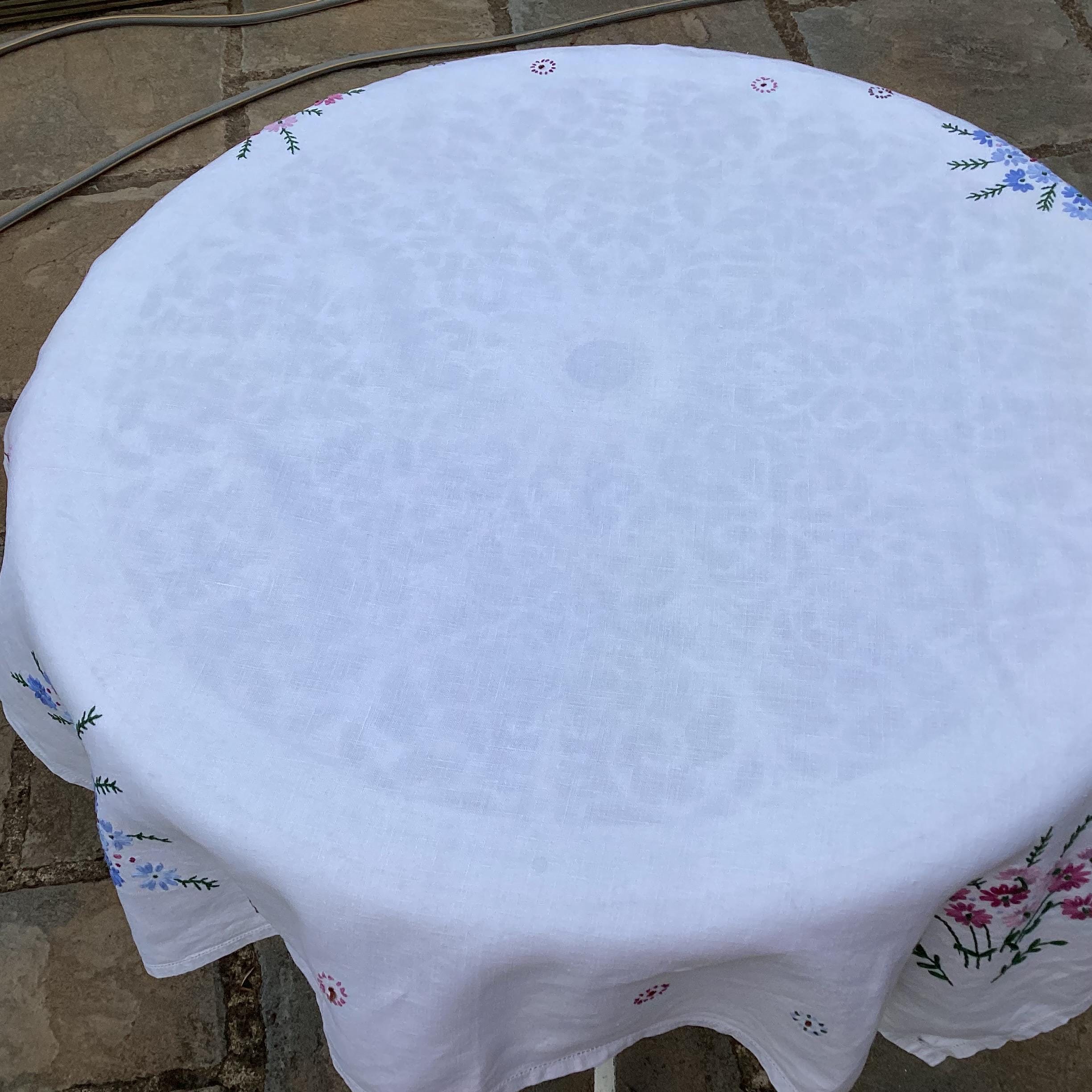 Very Vintage Hand Embroidered White Linen Tablecloth Floral Colours ...