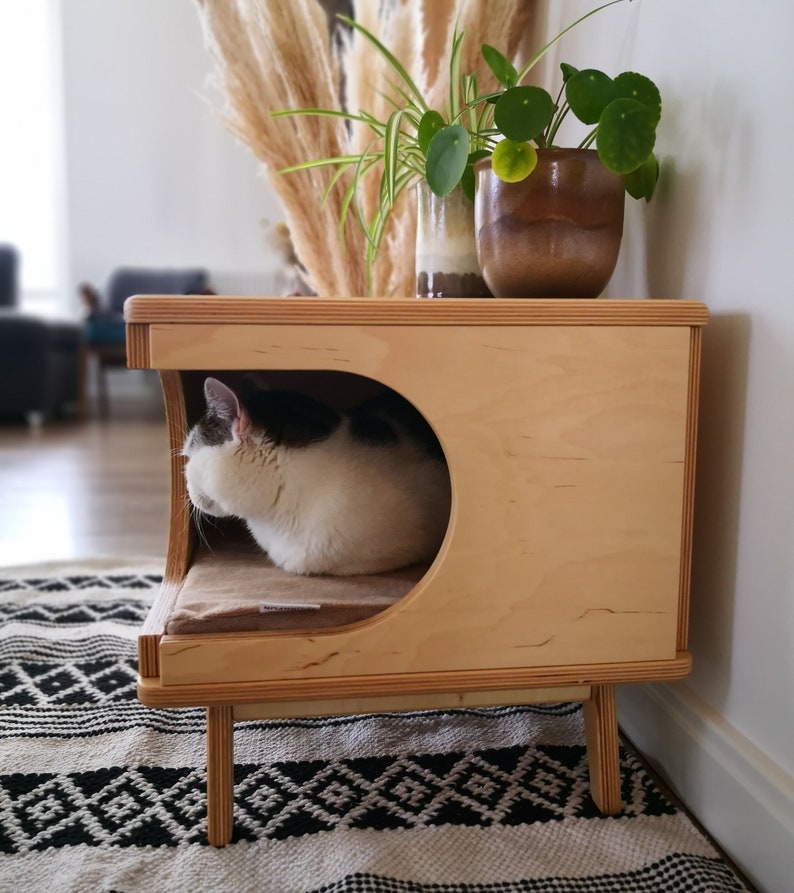 Stylish Plywood Cat House, Handmade Cozy Cat Bed Rustical Box Birch ...