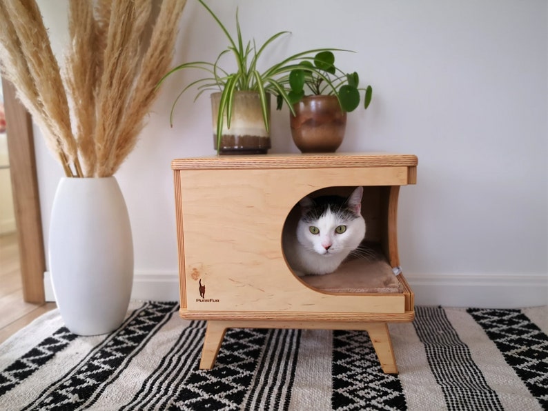 Stylish Plywood Cat House, Handmade Cozy Cat Bed Rustical Box Birch ...