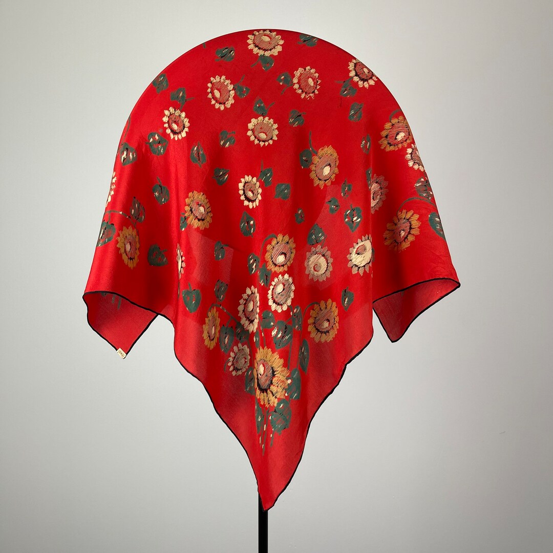 RED VINTAGE SCARF Stunning Vintage Silky Scarves Red Shawl Floral ...