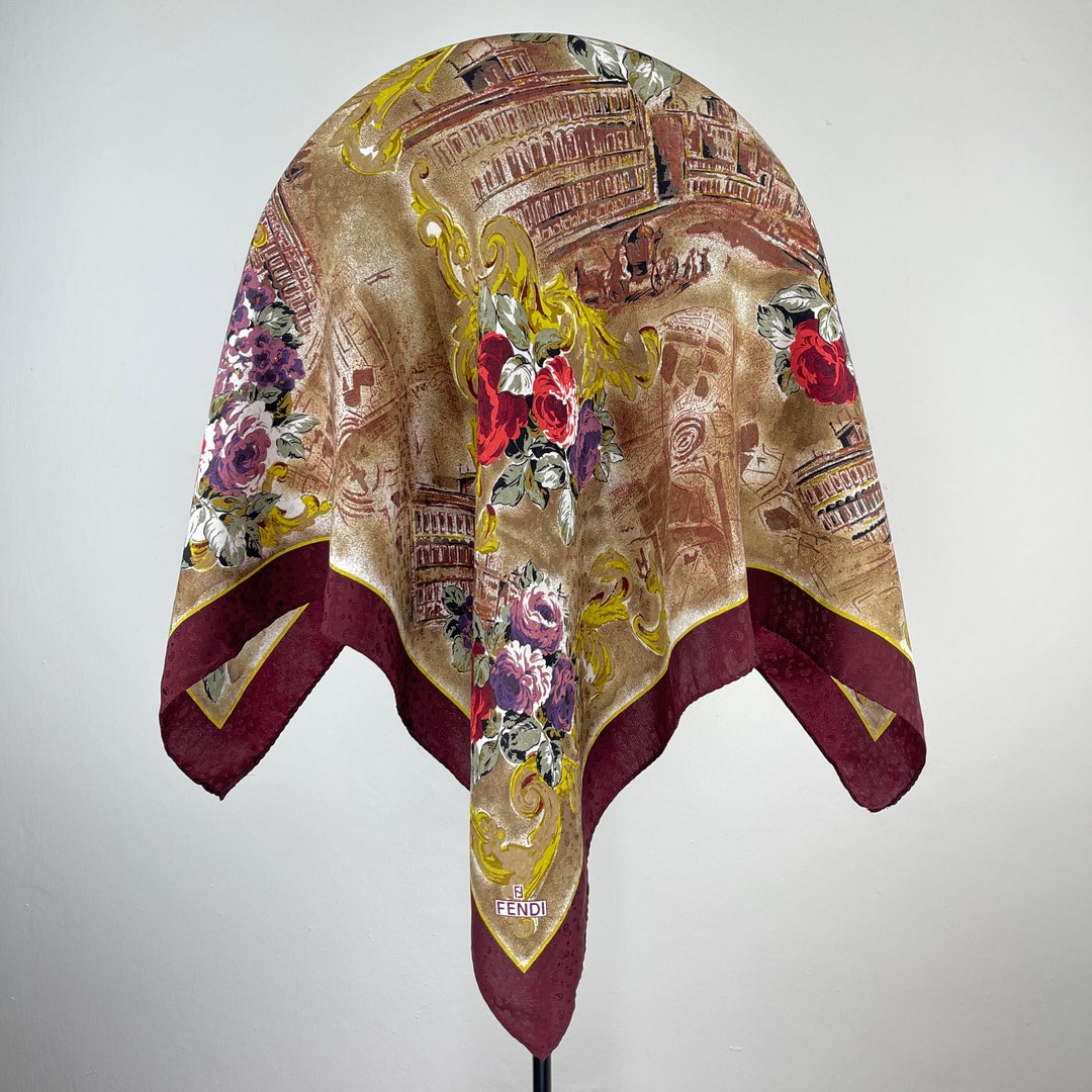 FENDI LUXURY SCARF Stunning Vintage Old Roses Design Silk Gift Idea for ...