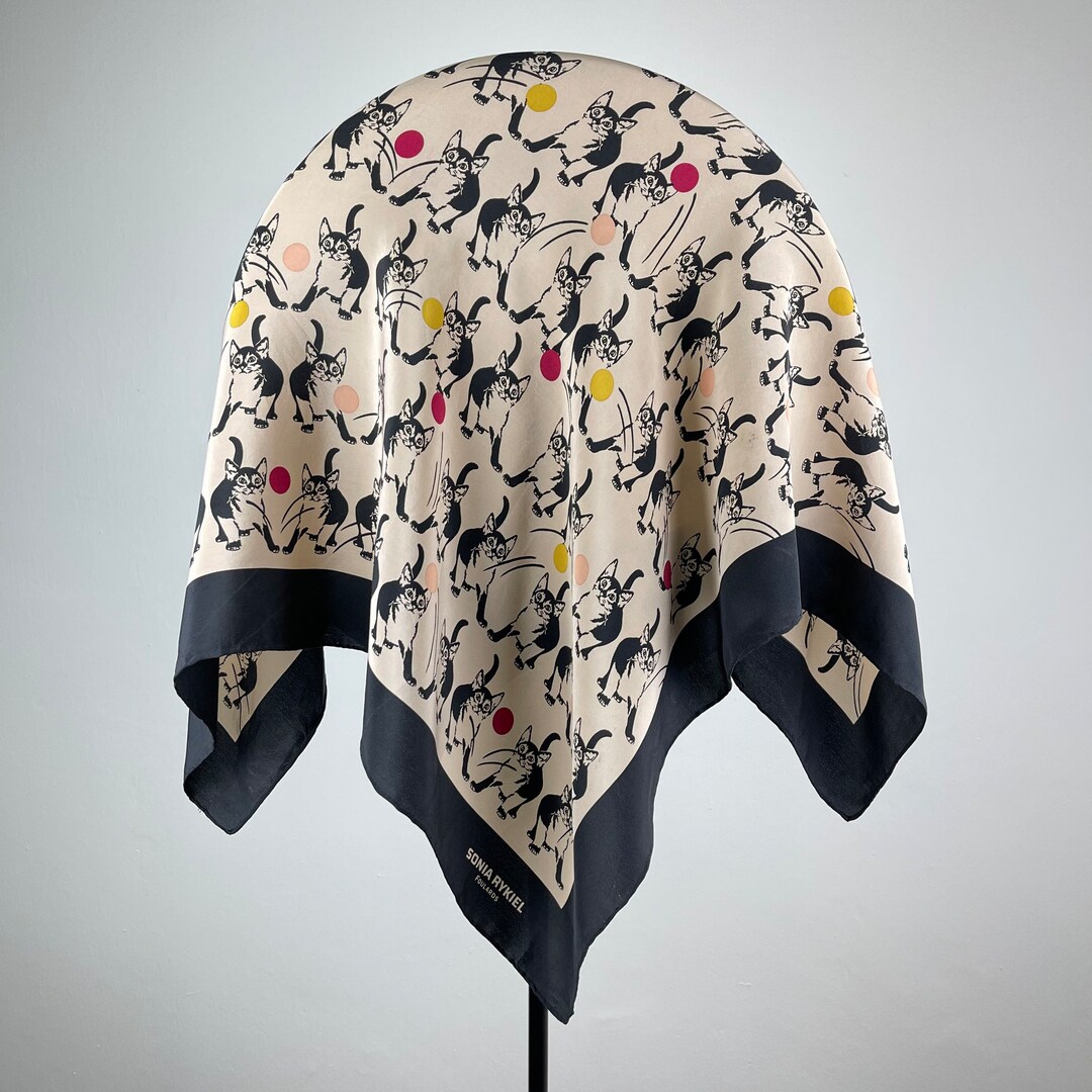 SONIA RYKIEL SCARF Stunning Rare Meme of Cute Cat Design Women Silky ...